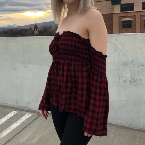 Tops | Red Plaid Off The Shoulder Top | Poshmark